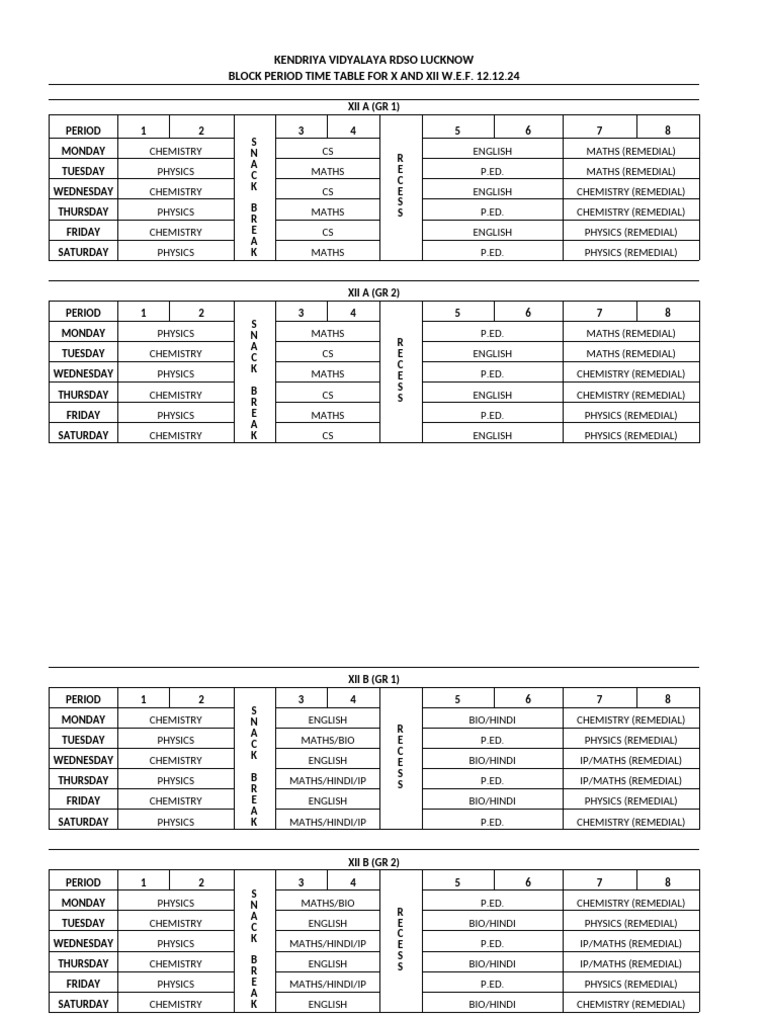 Kendriya Vidyalaya Lucknow Timetable | PDF