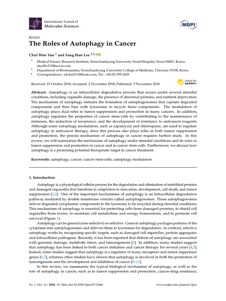The Roles of Autophagy in Cancer | PDF | Autophagy | Carcinogenesis