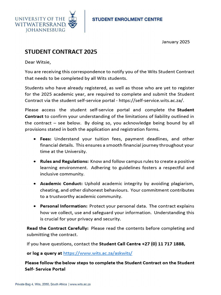 Student Contract Wits Students Letter Guide 2025 | PDF | Academic ...
