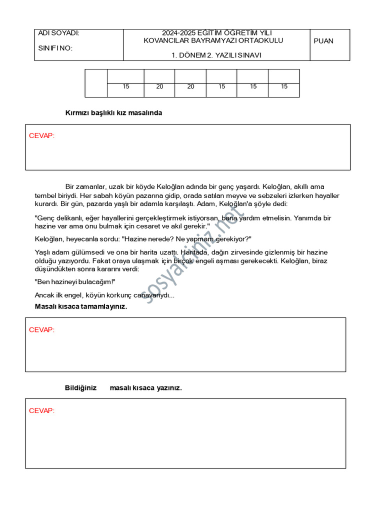 2024 2025 5 6 7 8. Sinif Masal Ve Destanlarimiz I 1. Donem 2. Yazili Cevapli | PDF