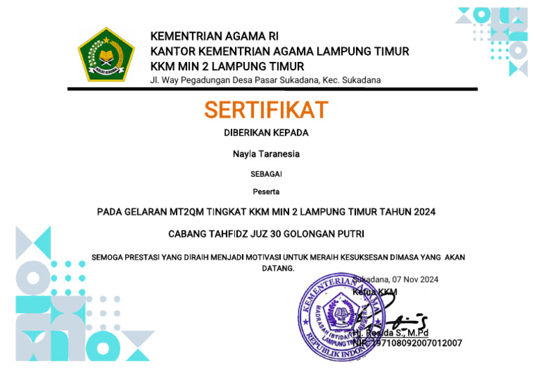 Piagam Mt2qm - Nayla Taranesia | PDF