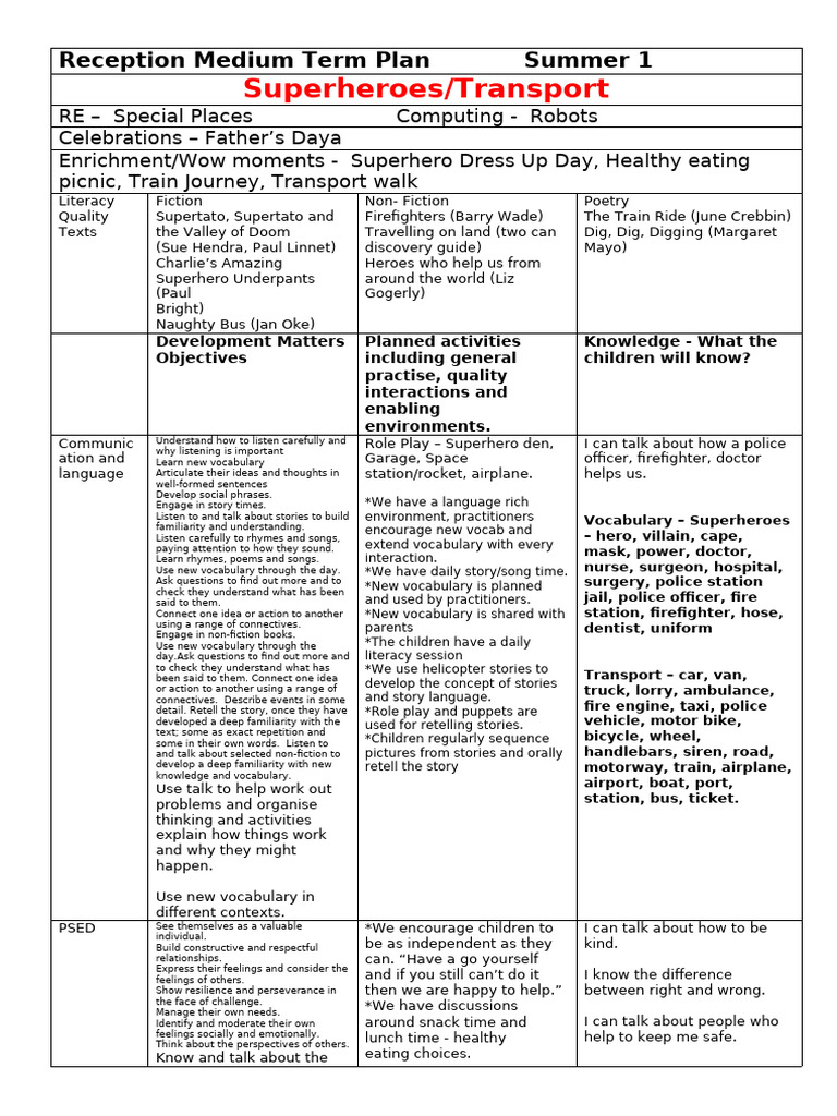 Reception Medium Term Plan Summer 1 | PDF