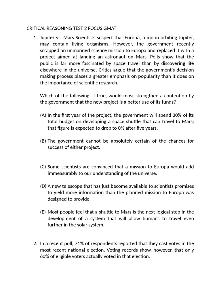 Critical Reasoning Test 2 Focus GMAT | PDF | Opinion Poll | Europa (Moon)