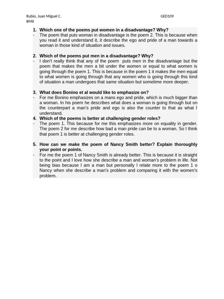 Gender Roles in Poetry Analysis | PDF