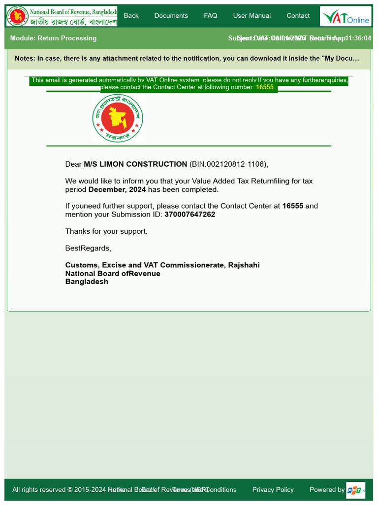 VAT Return Certificate December 2024 | PDF