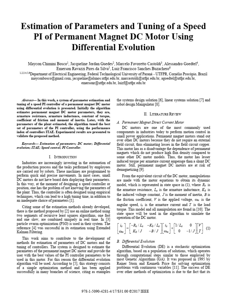Estimation of Parameters and Tuning of a Speed PI of Permanent Magnet DC Motor Using ...