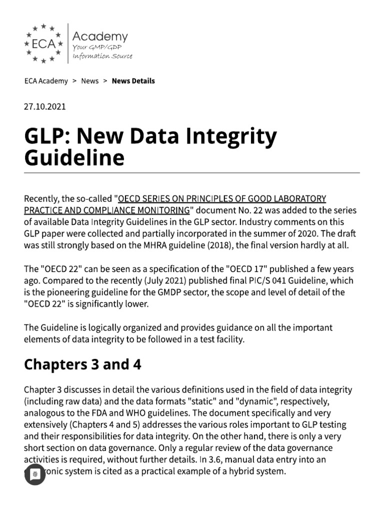 OECD GLP - New Data Integrity Guideline - ECA Academy | PDF
