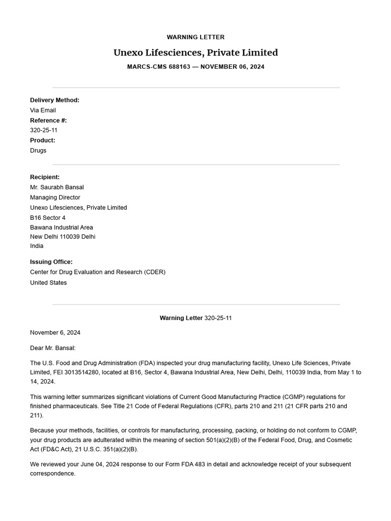 FDA Warning Letter: Unexo Lifesciences CGMP Violations | PDF | Food And ...