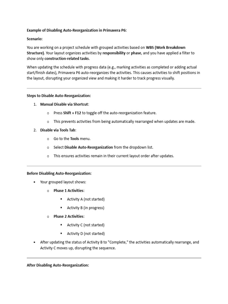 Example of Disabling Auto-Reorganization in Primavera P6 | PDF