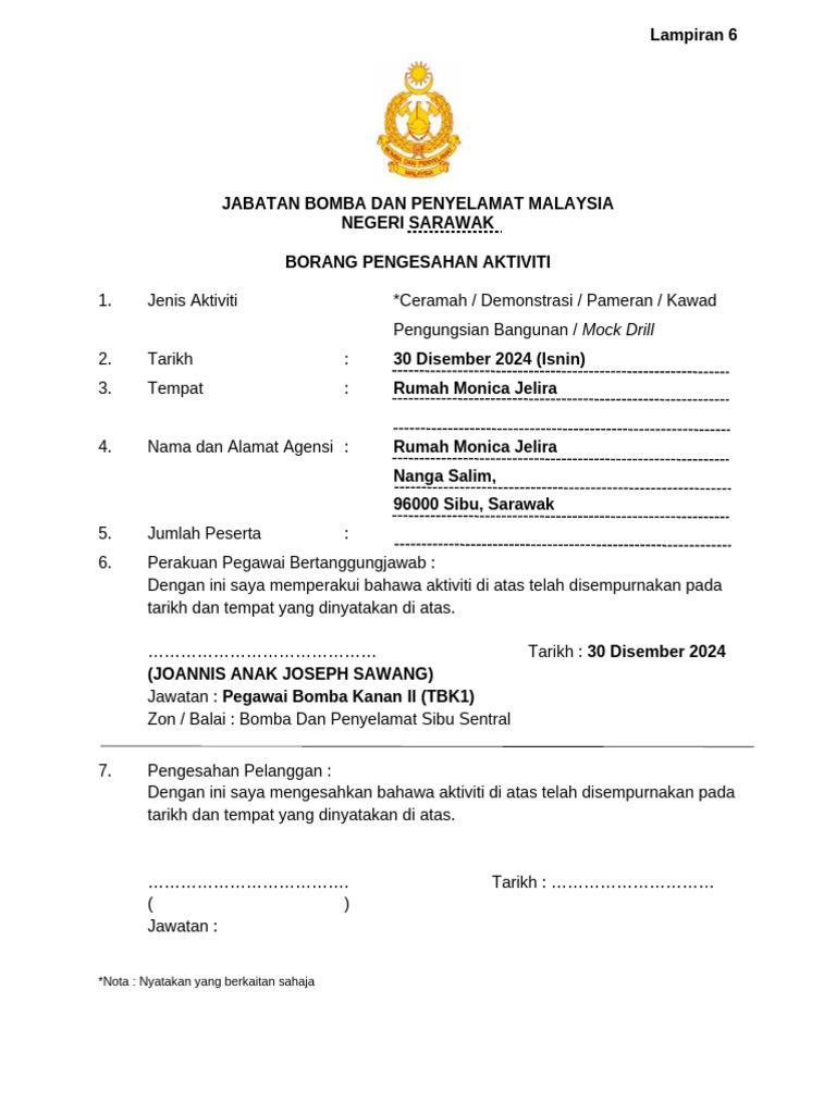 Borang Pengesahan Aktiviti | PDF