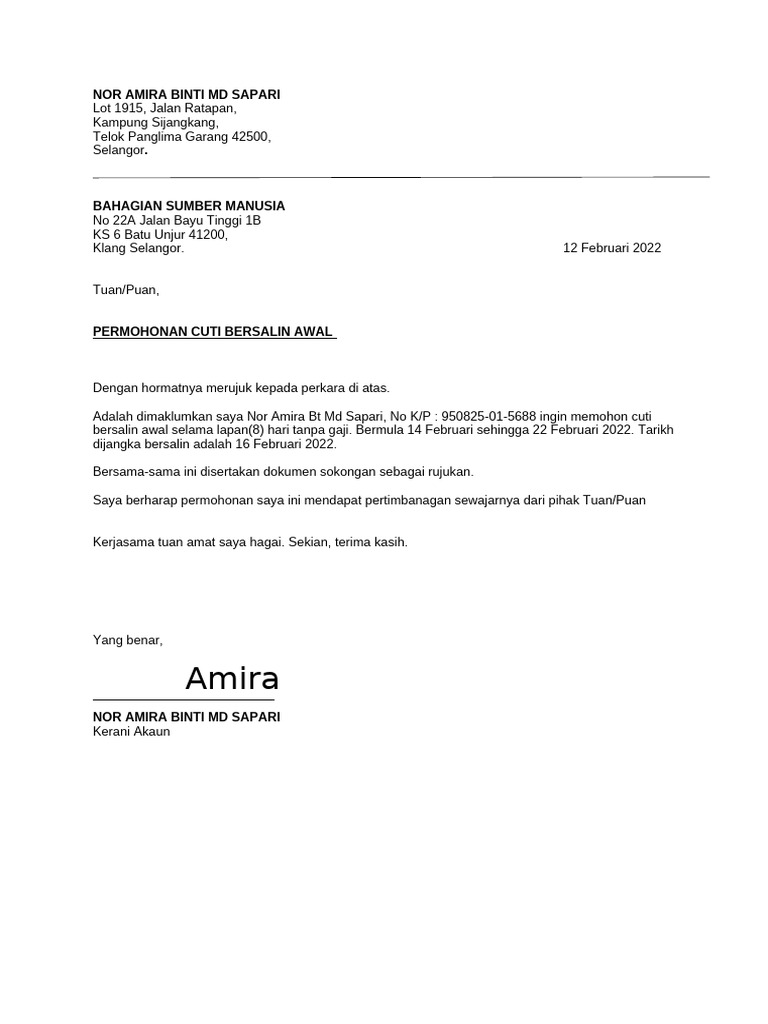 Permohonan Cuti Bersalin Awal | PDF