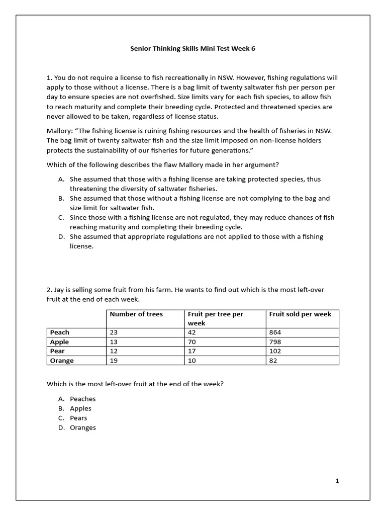 Senior Thinking Skills Mini Test Week 6 | PDF