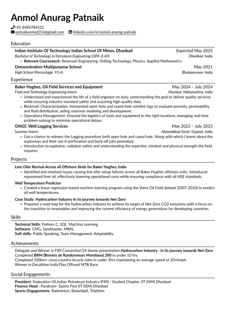 Anmol Patnaik: Petroleum Engineering Resume | PDF | Petroleum Reservoir | Engineering