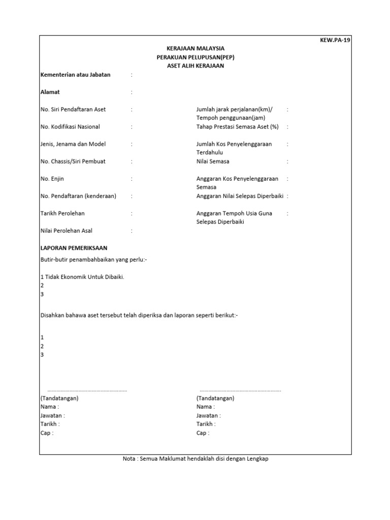 Perakuan Pelupusan Aset Kew.PA-19 | PDF