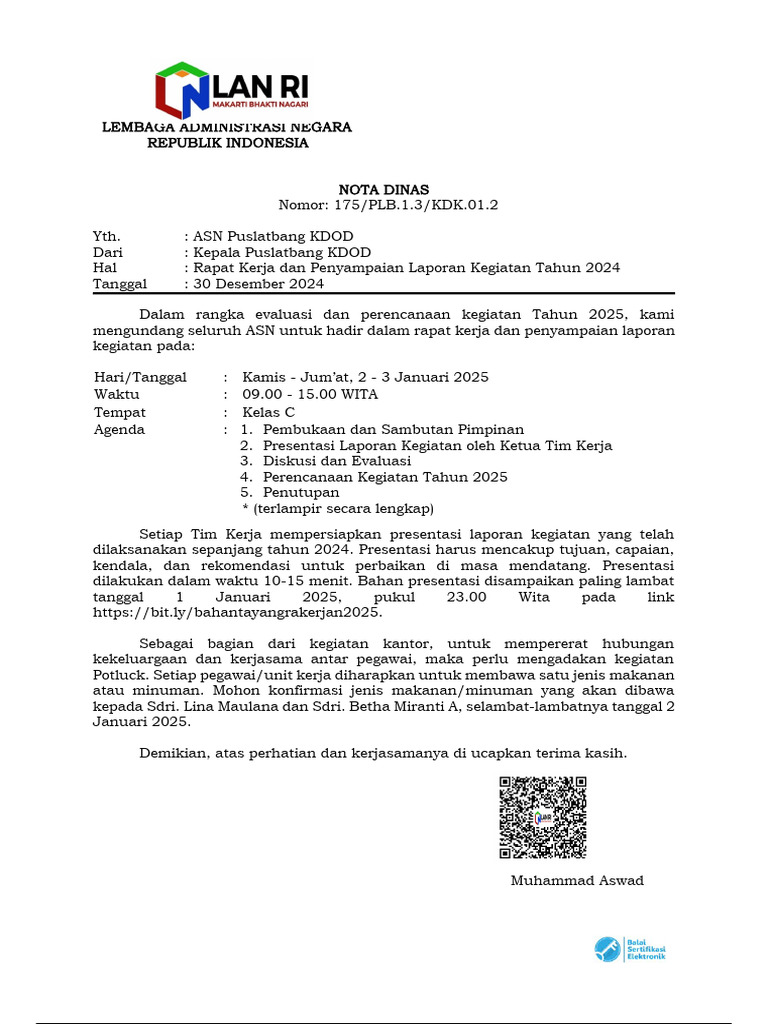 Nota Dinas Rapat Kerja Januari 2025 | PDF
