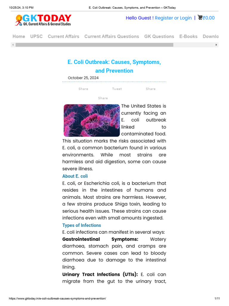 E. Coli Outbreak - Causes, Symptoms, and Prevention - GKToday | PDF | Escherichia Coli | Infection