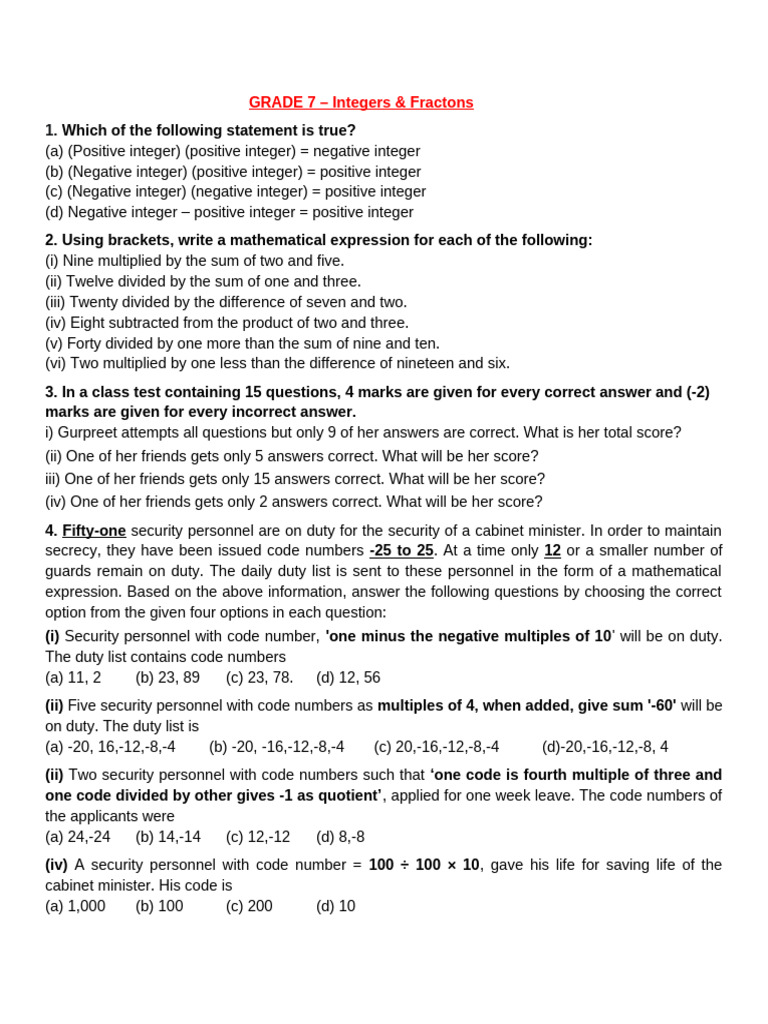 Grade 7 Math: Integers & Fractions | PDF | Number Theory | Numbers
