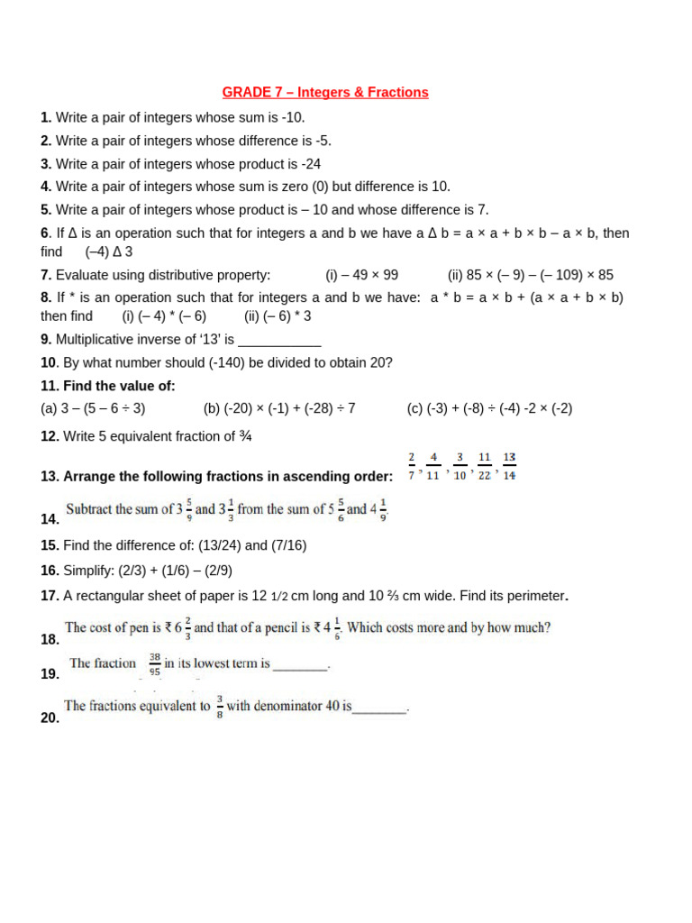 Grade 7 Integers and Fractions Exercises | PDF