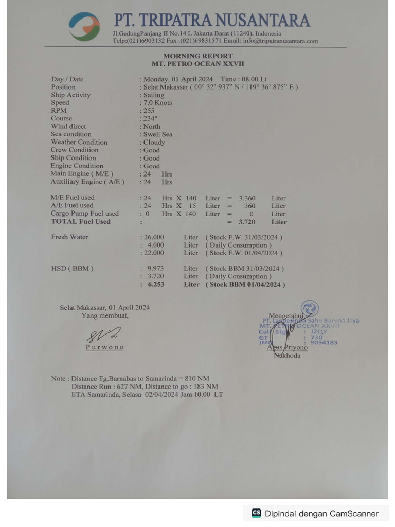 Morning Report MT Petro Ocean - 01 April 2024 | PDF