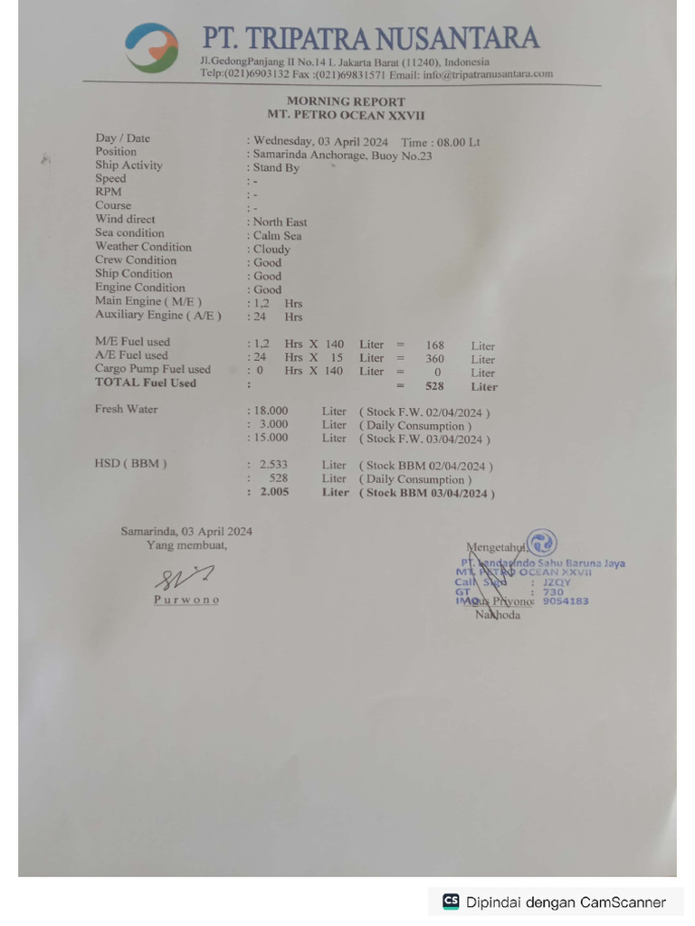 Morning Report MT Petro Ocean - 03 April 2024 | PDF