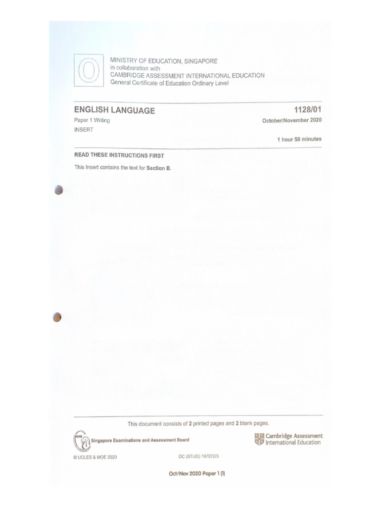 2020 - GCE O LEVEL ENGLISH 1128 - Paper 1 | PDF