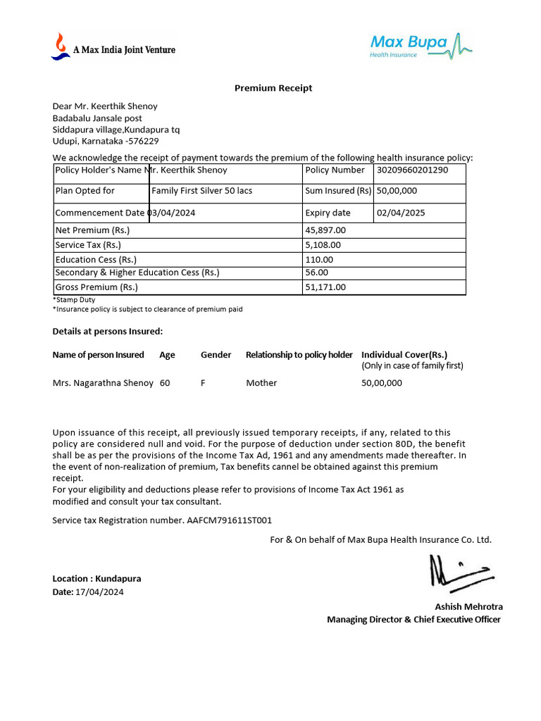 Health Insurance Premium Receipt | PDF
