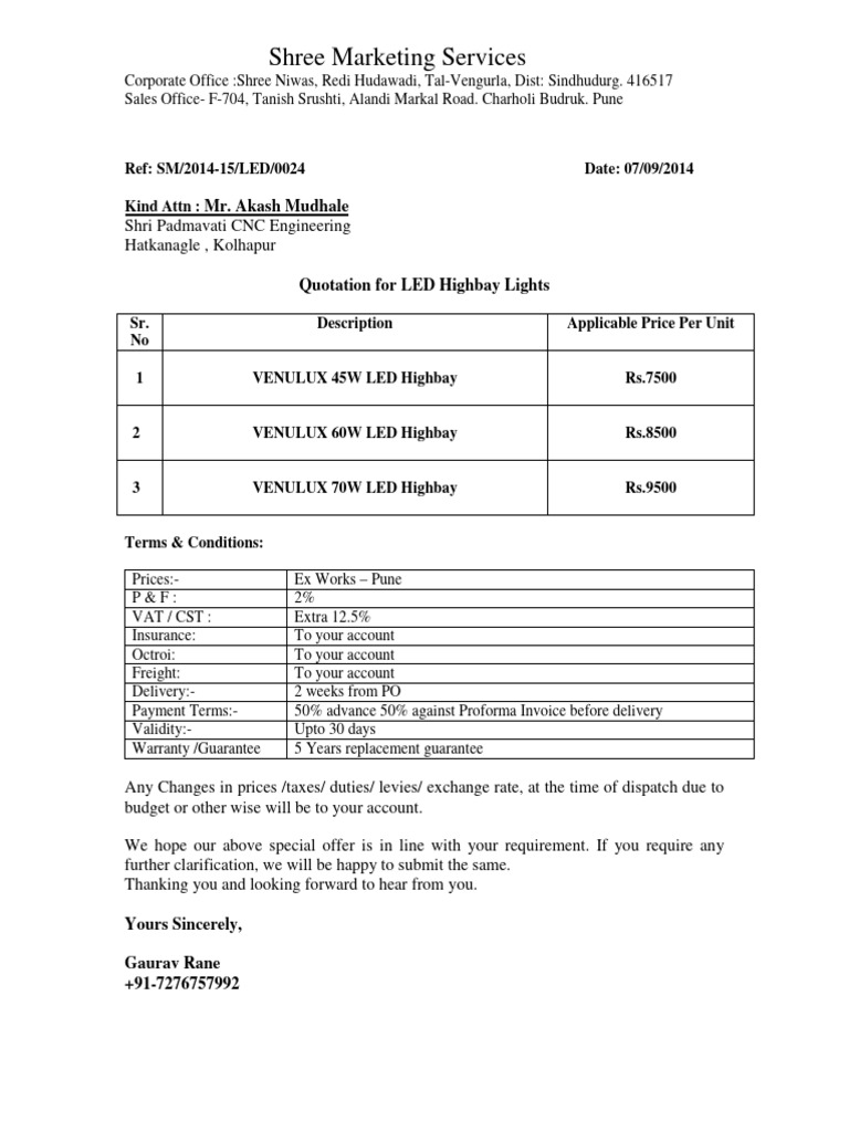 Quotation for VENULUX LED Highbay Lights | PDF