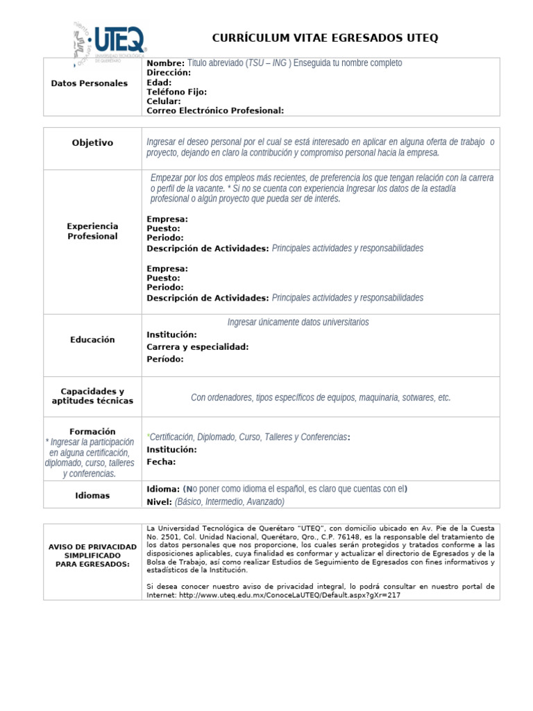 Formato de CV - Uteq-Eje | PDF | Informática