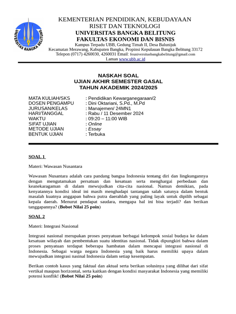 Soal UAS Pendidikan Kewarganegaraan 2024 | PDF