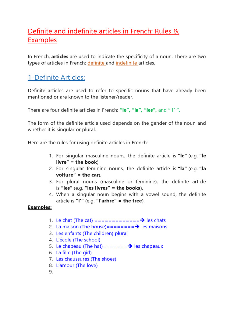 Definite Indefinite Articles in French | PDF