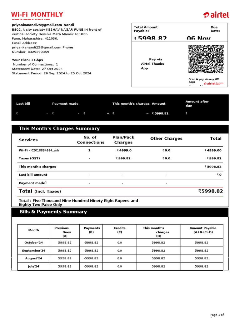 October 2024 Wi-Fi Bill Summary | PDF | Payments | Debit Card