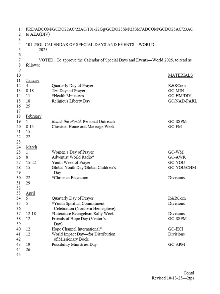 2025 SDA Special Days Calendar | PDF | Seventh Day Adventist Church ...