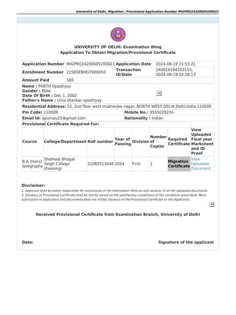 MIGPRO24200605200021 Migration Provisional Certificate | PDF