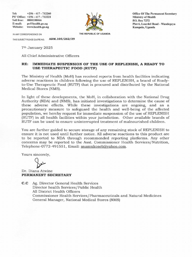Immedate Suspension of the Use of Repllenish a Ready to Use Theapetutic Food (1) | PDF