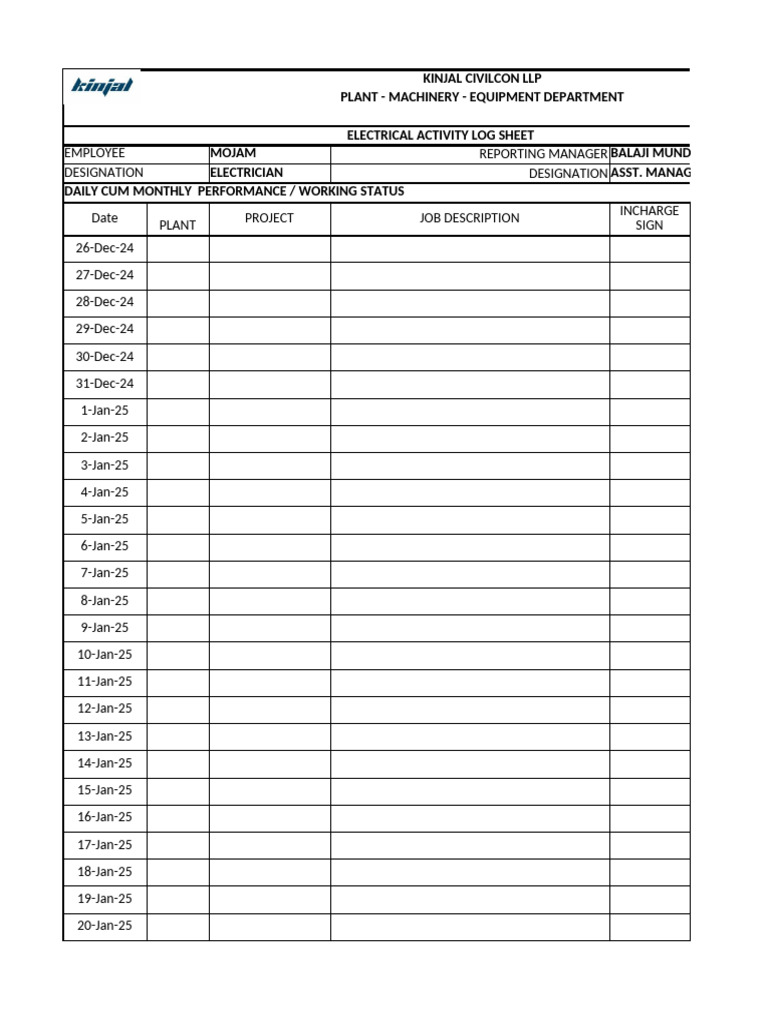 Electrician LOG SHEET | PDF
