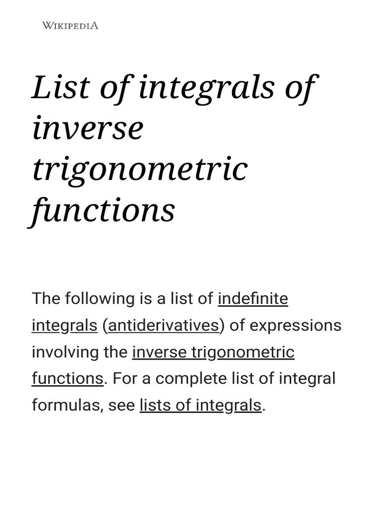 List of Integrals of Inverse Trigonometric Functions | PDF