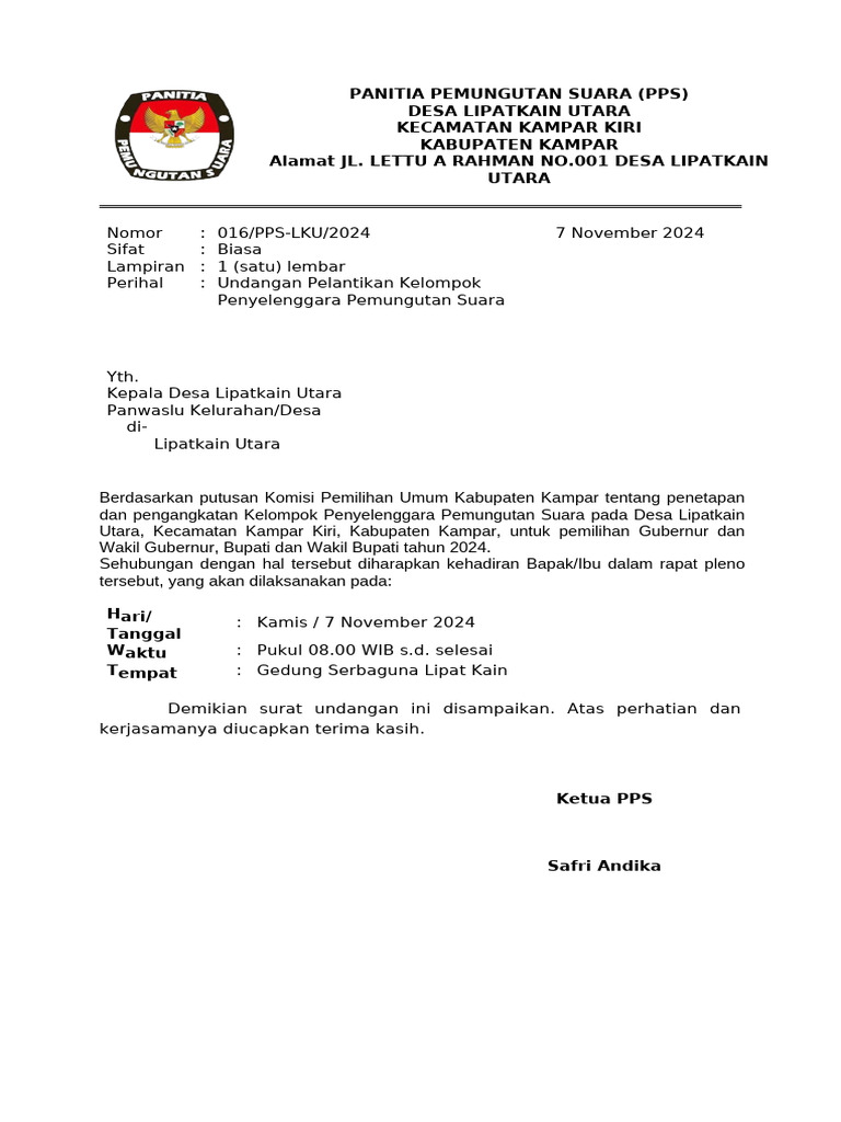 Undangan Pelantikan PPS Desa Lipatkain | PDF