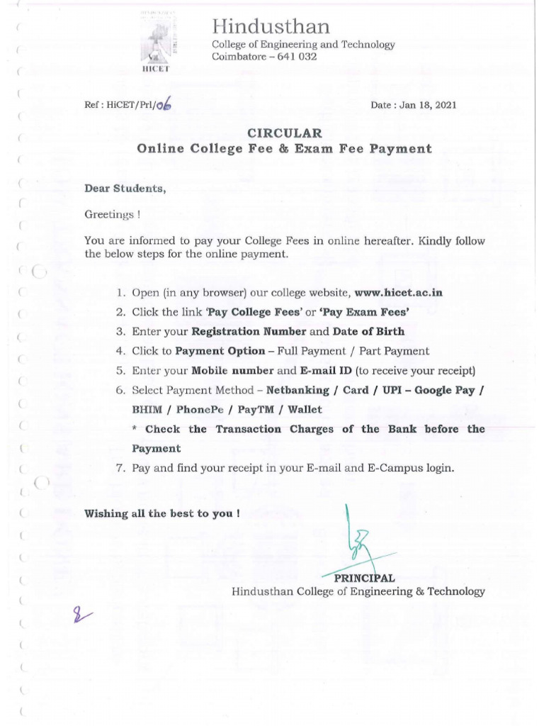 14) 18 01 2021 - College Fee Exam Fee Circular | PDF