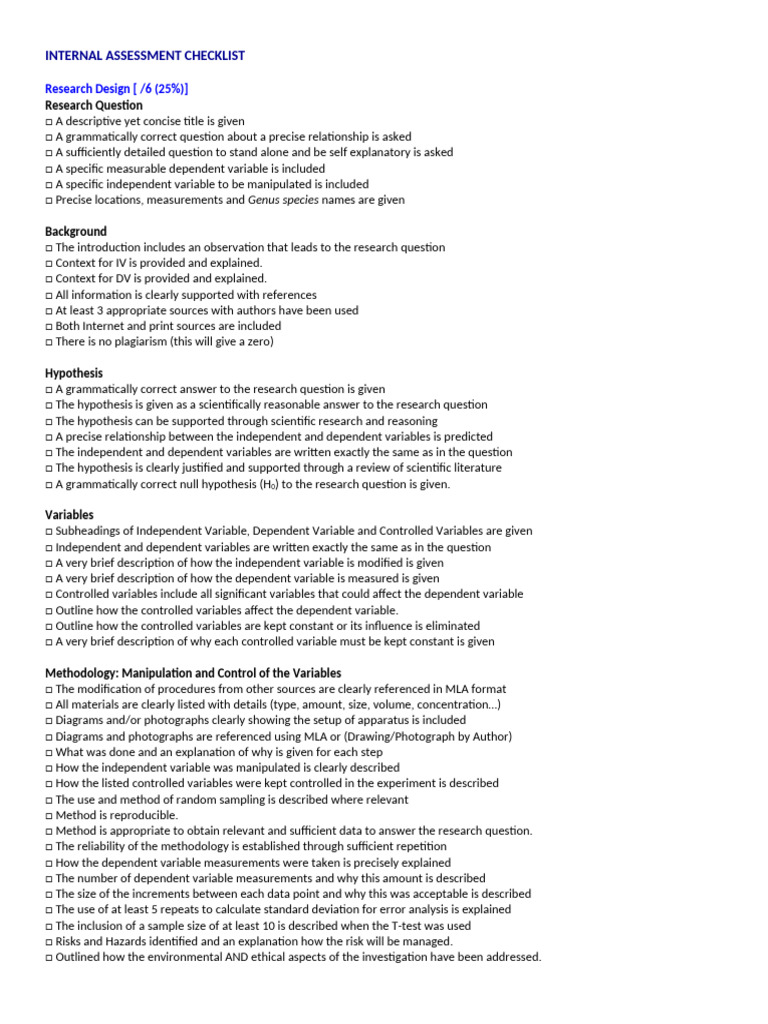 Internal Assessment Checklist - Research Design | PDF | Dependent And ...