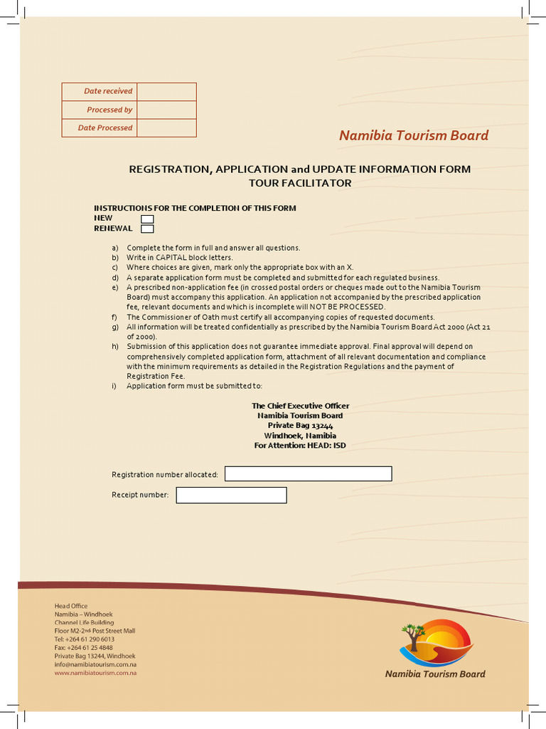 Namibia Tour Facilitator Registration Form | PDF | Payments | Cheque