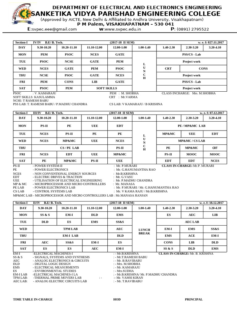 EEE Time Table 2017-18 2nd Sem For Circulation FIANL 1 | PDF | Electromagnetism | Computing