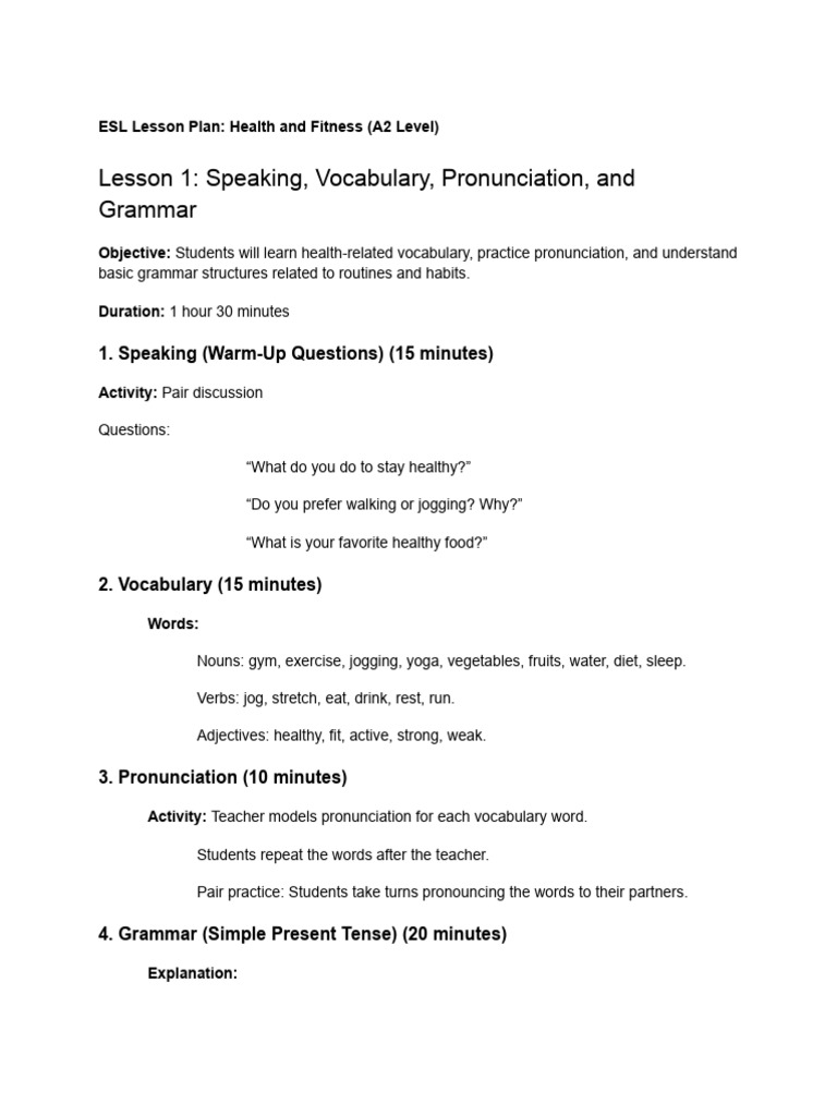 ESL Health and Fitness Lesson Plan | PDF | Verb | Linguistics