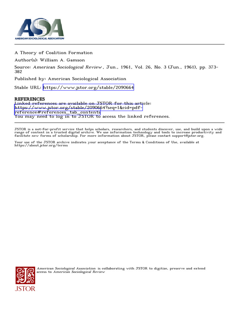 Gamson TheoryCoalitionFormation 1961 | PDF | Theory | Game Theory