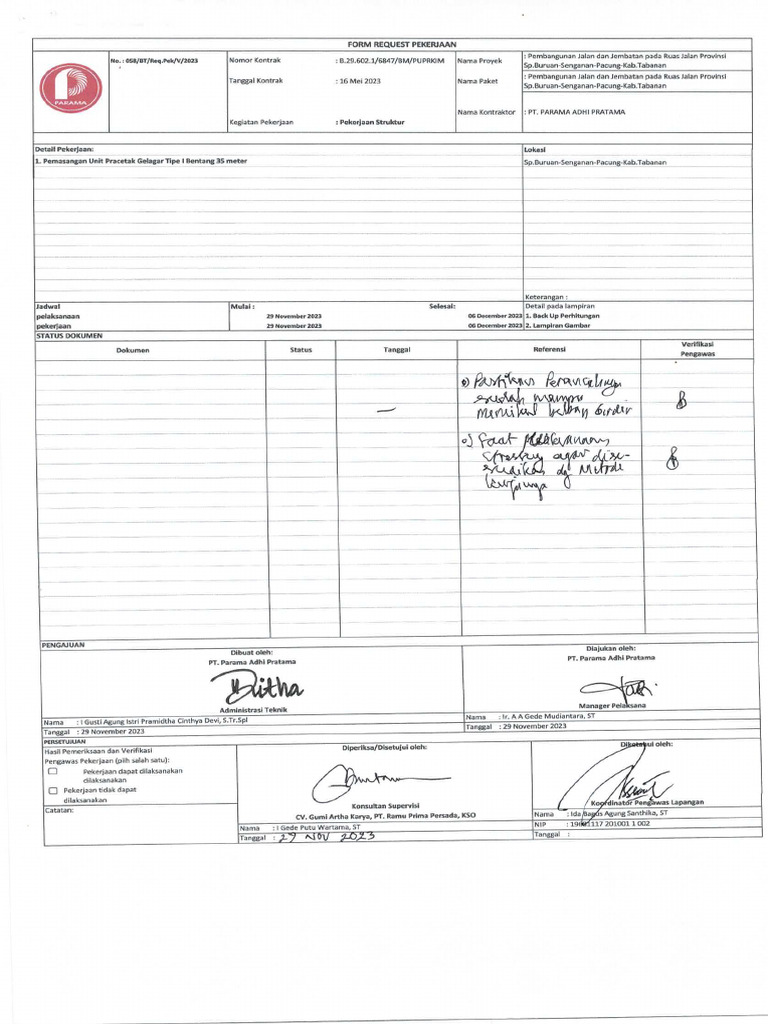 Pemasangan Unit Pracetak Gelagar Tipe I Bentang 35 Meter (Belum TTD Pak TL) | PDF