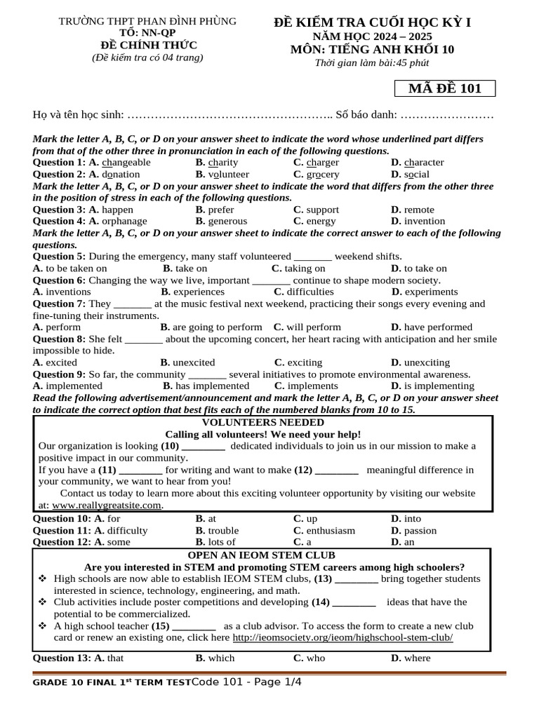G10 - Final TERM 1 - Code 101 | PDF