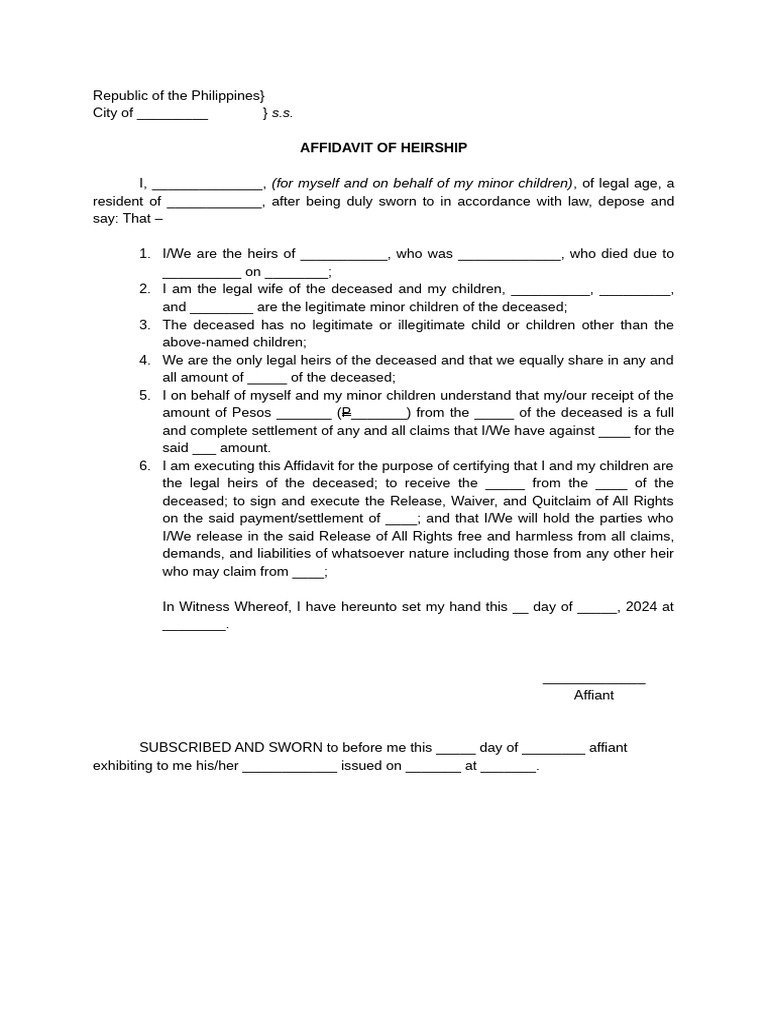 Affidavit of Heirship Template Philippines | PDF