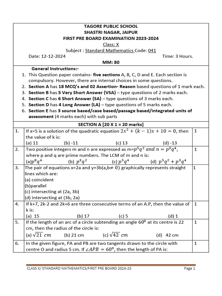 Class X Mathematics Pre Board Exam 2024-25 | PDF | Circle | Elementary ...