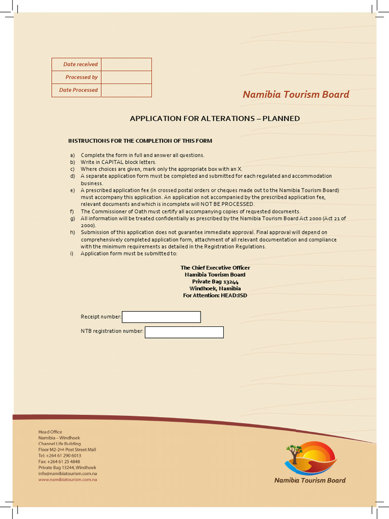 Namibia Tourism Alteration Application Form | PDF