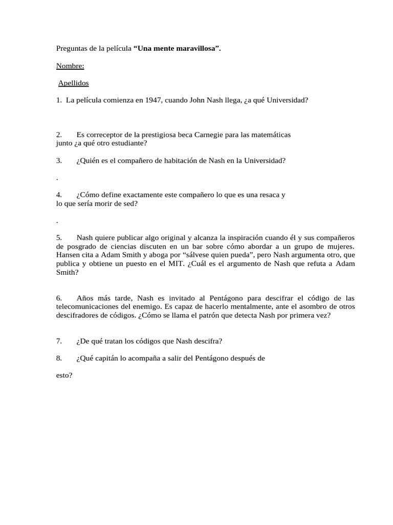 Preguntas de La Pelicula Una Mente Maravillosa | PDF