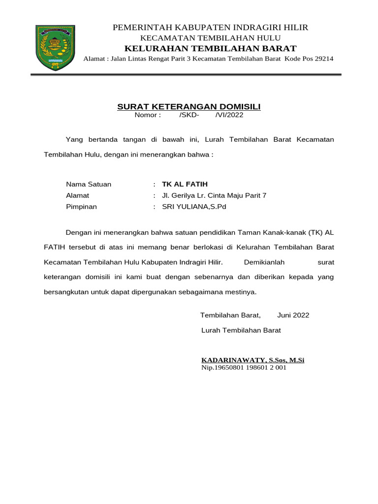 Surat Keterangan Domisili TK AL FATIH | PDF